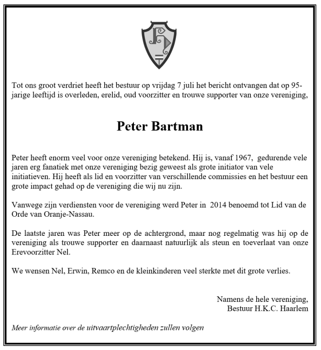 In Memoriam – Peter Bartman – HKC Haarlem